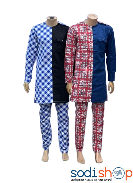 Ensemble Tissus Boubou - Couleur Imprimée En Carreaux Deux Tons - Pour ...